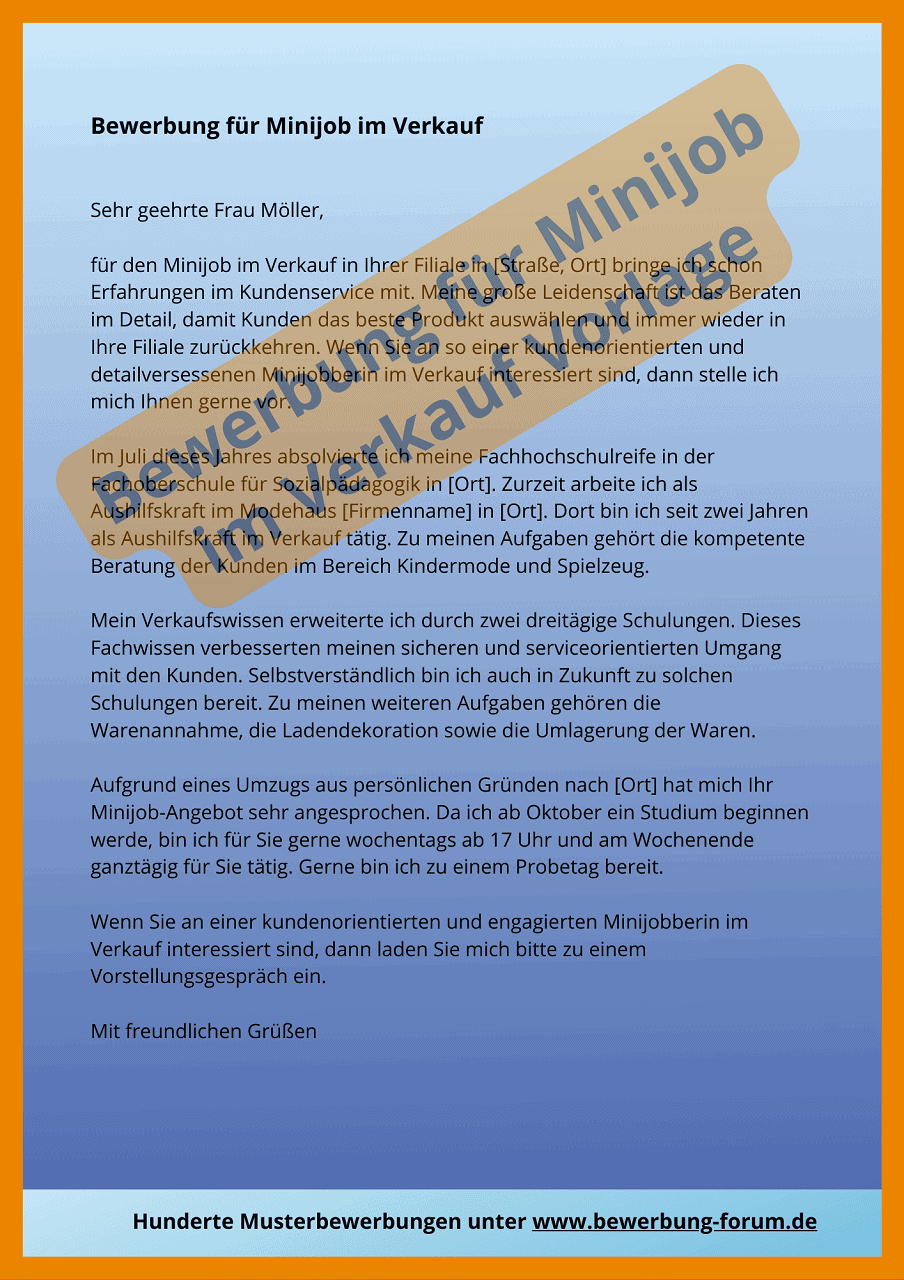 Bewerbung Minijob Muster [PDF]: Anschreiben Kurzbewerbung ️