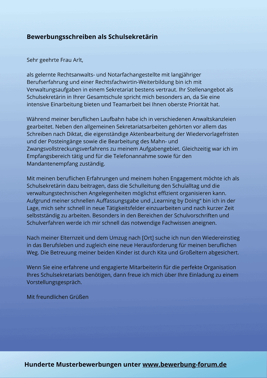 Bewerbung als Schulsekretärin Muster für Schulsekretariat ️