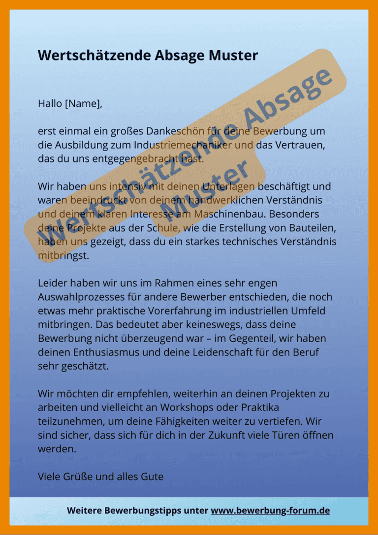 Wertschätzende Absage Bewerbung Muster an Arbeitnehmer ☀️