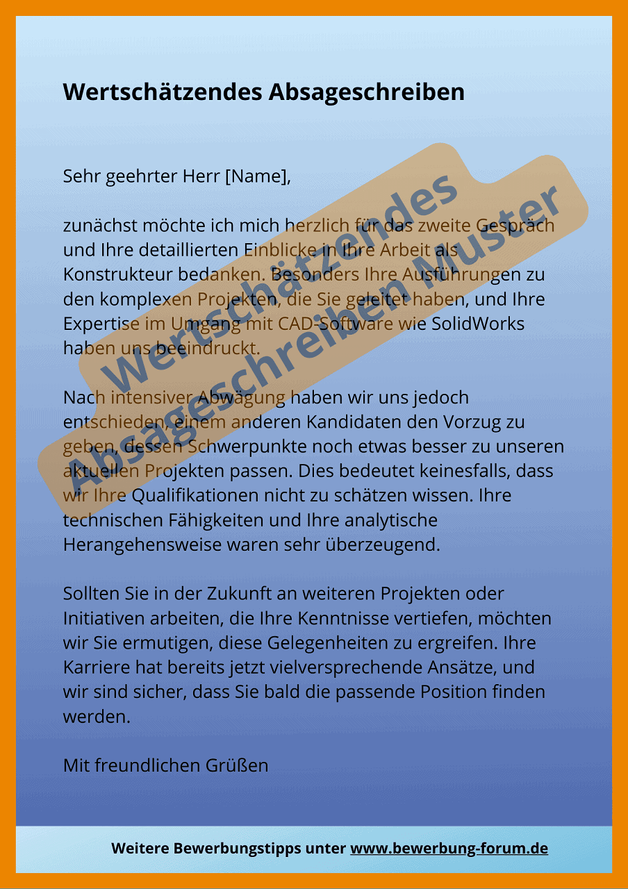 Wertschätzende Absage Bewerbung Muster an Arbeitnehmer ☀️